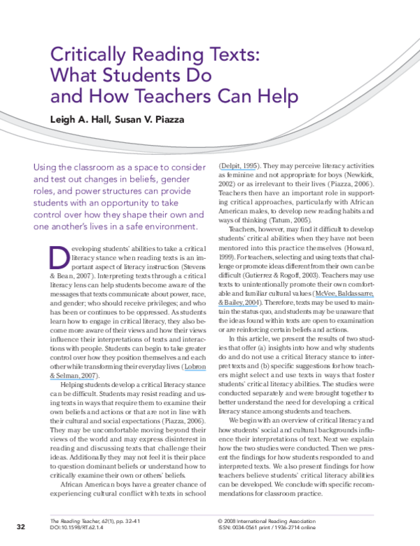 (PDF) Critically Reading Texts: What Students Do and How Teachers Can ...