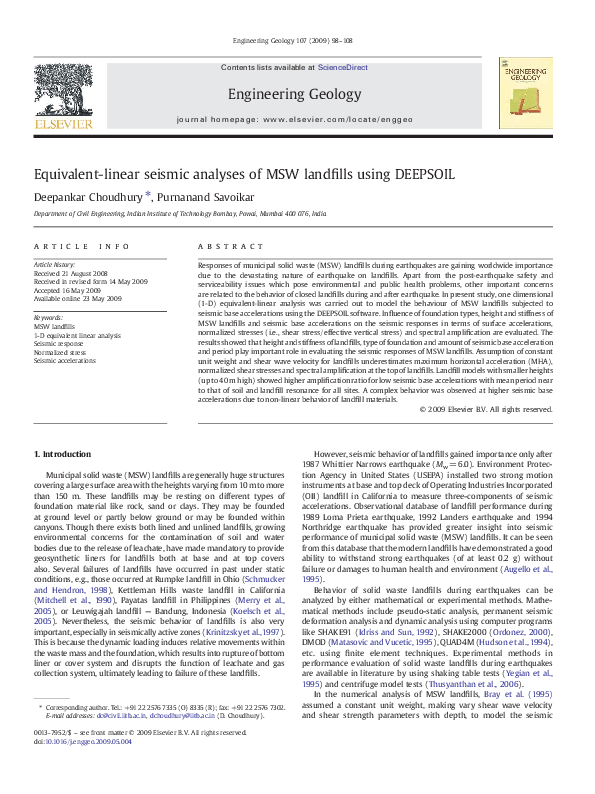 (PDF) Equivalent-linear seismic analyses of MSW landfills using DEEPSOIL