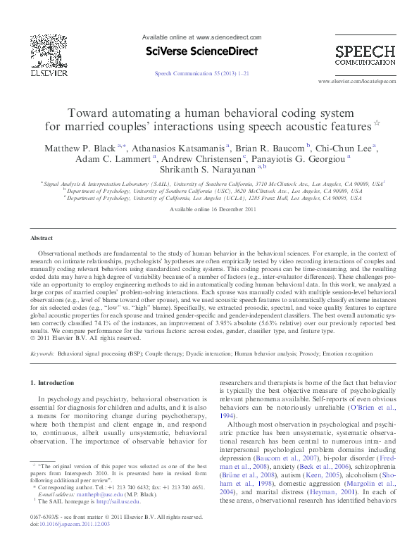 (PDF) Toward automating a human behavioral coding system for married ...