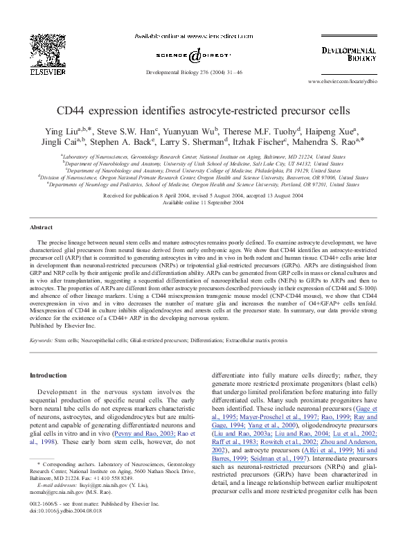 (PDF) CD44 expression identifies astrocyte-restricted precursor cells