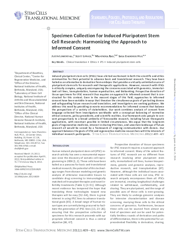(PDF) Specimen Collection for Induced Pluripotent Stem Cell Research ...