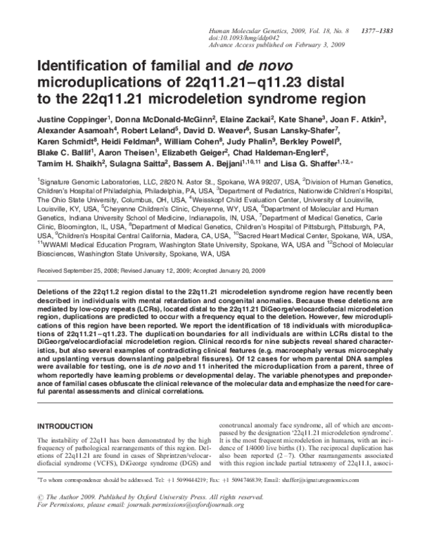 (PDF) Identification of familial and de novo microduplications of 22q11 ...
