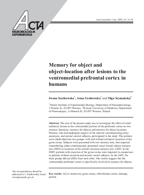 (PDF) Memory for object and object-location after lesions to the ventromedial prefrontal cortex ...