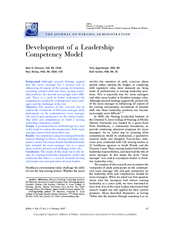 (PDF) Development of a leadership competency model