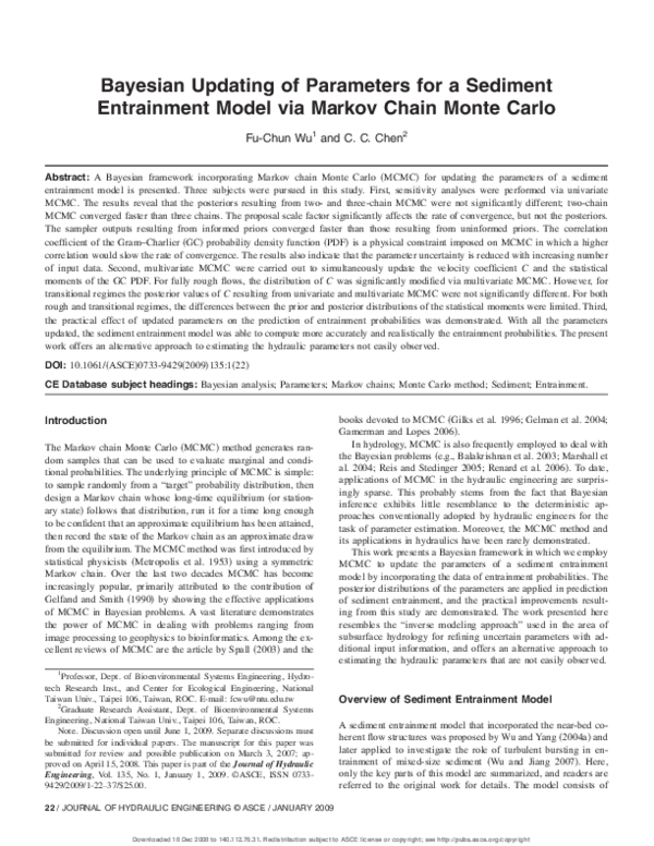 (PDF) Bayesian Updating of Parameters for a Sediment Entrainment Model via Markov Chain Monte Carlo