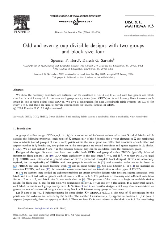 (PDF) Odd and even group divisible designs with two groups and block ...