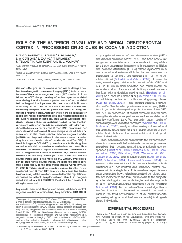 Pdf Role Of The Anterior Cingulate And Medial Orbitofrontal Cortex In Processing Drug Cues In