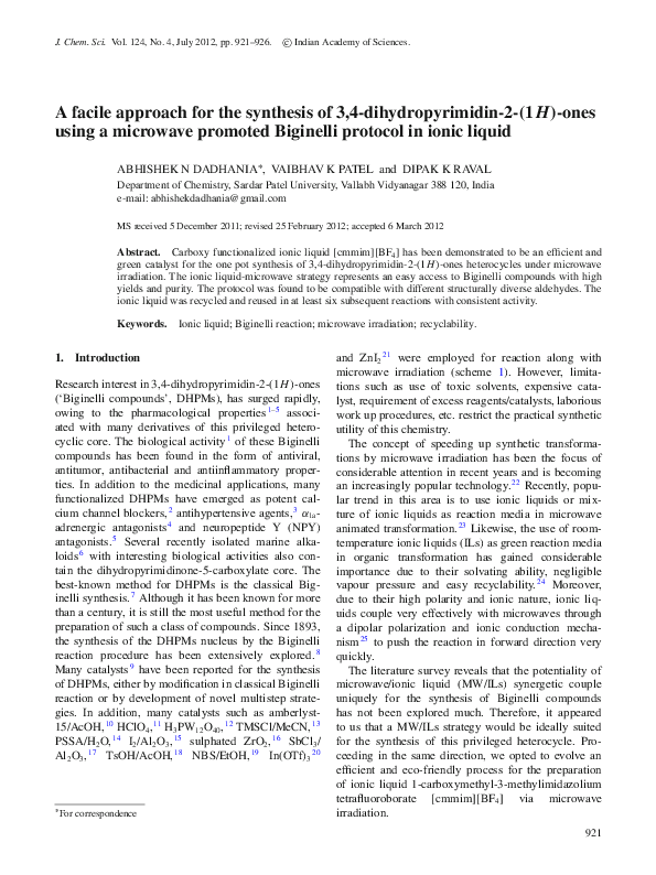 (PDF) ChemInform Abstract: A Facile Approach for the Synthesis of 3,4-Dihydropyrimidin-2-(1H ...
