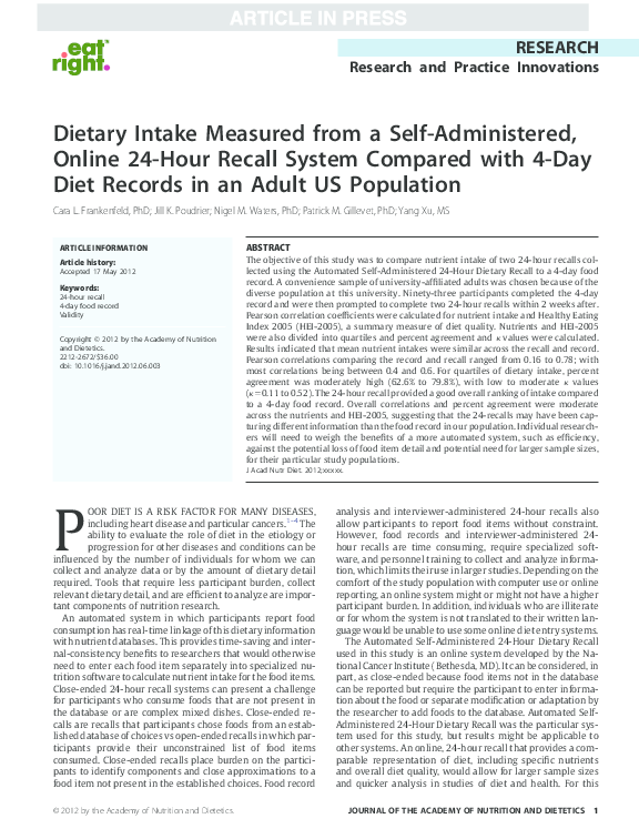 (PDF) Dietary Intake Measured from a Self-Administered, Online 24-Hour ...