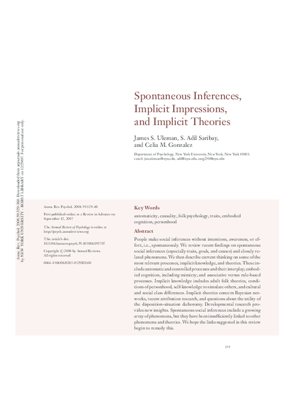 (PDF) Spontaneous Inferences, Implicit Impressions, and Implicit Theories
