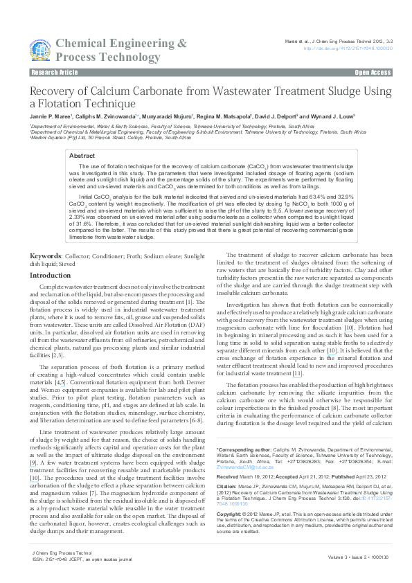 (PDF) Recovery of Calcium Carbonate from Wastewater Treatment Sludge ...