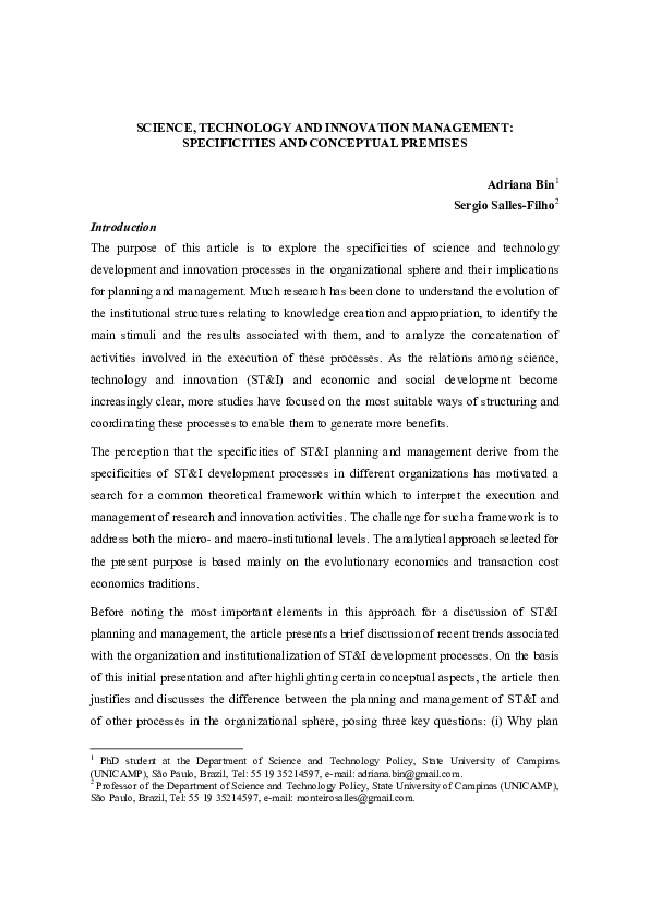 (PDF) Science, technology and innovation management: contributions to a ...