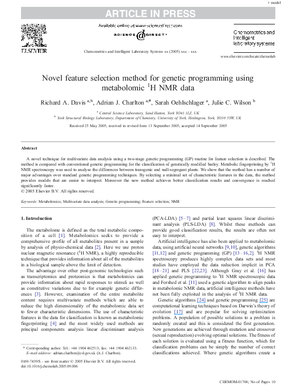 Pdf Novel Feature Selection Method For Genetic Programming Using Metabolomic 1 H Nmr Data