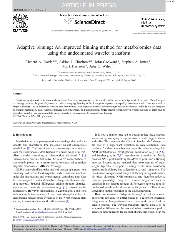 Pdf Adaptive Binning An Improved Binning Method For Metabolomics Data Using The Undecimated