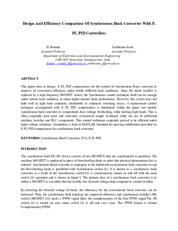 Doc Design And Efficiency Comparison Of Synchronous Buck Converter With P Pi Pid Controllers