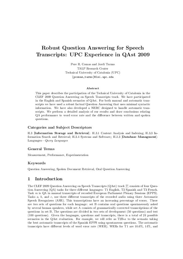 (PDF) Robust Question Answering for Speech Transcripts: UPC Experience in QAst 2009