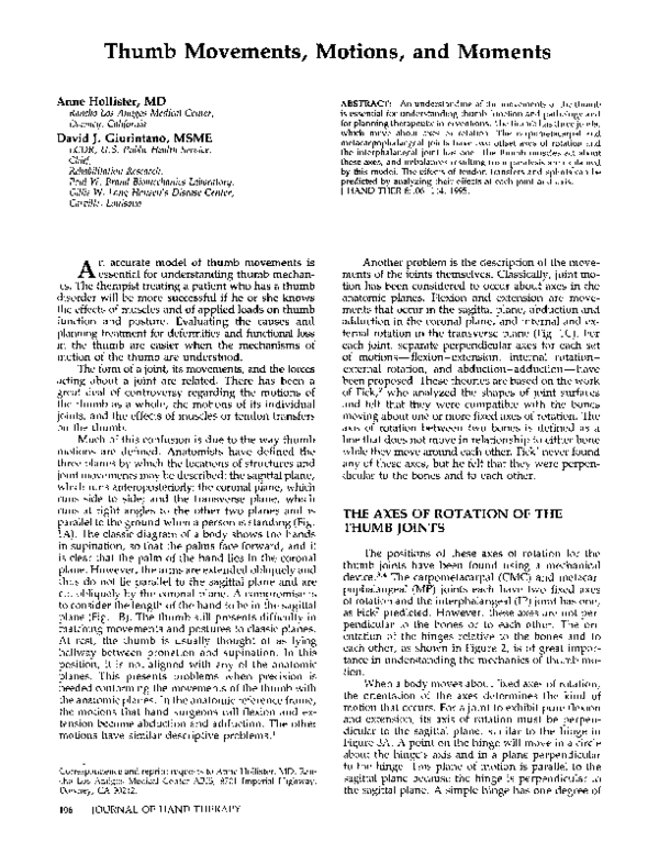 (PDF) Thumb Movements, Motions, and Moments