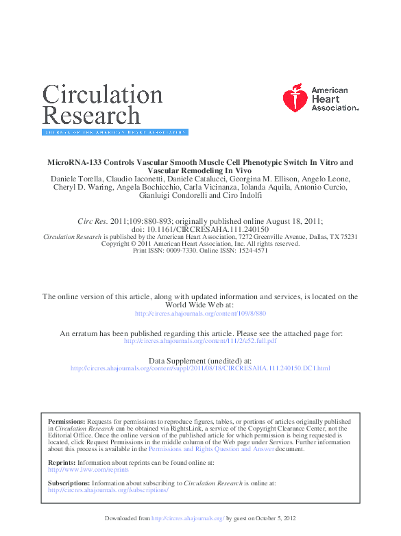 (PDF) MicroRNA-133 controls vascular smooth muscle cell phenotypic switch in vitro and vascular ...
