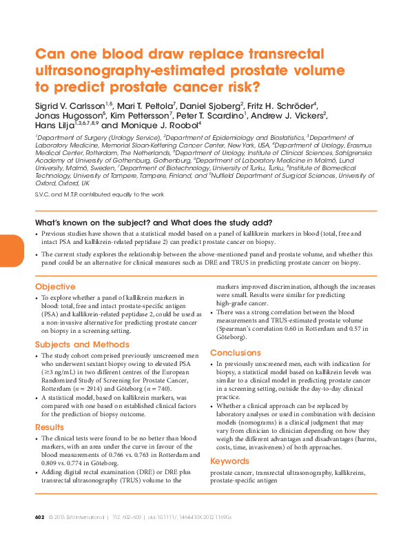 (PDF) Can one blood draw replace transrectal ultrasonography‐estimated ...