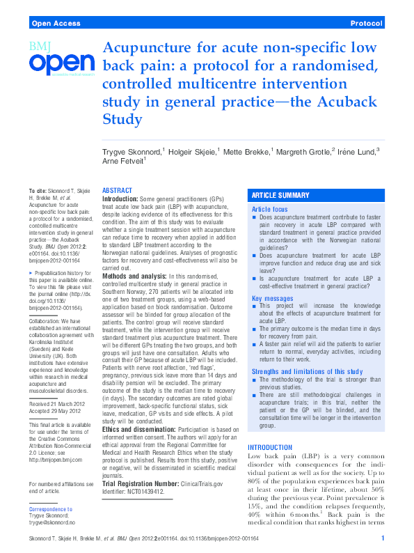 (PDF) Acupuncture for acute non-specific low back pain: a protocol for ...