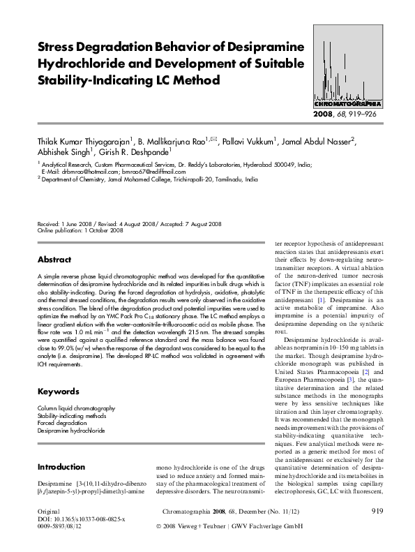 (PDF) Stress Degradation Behavior of Desipramine Hydrochloride and Development of Suitable ...