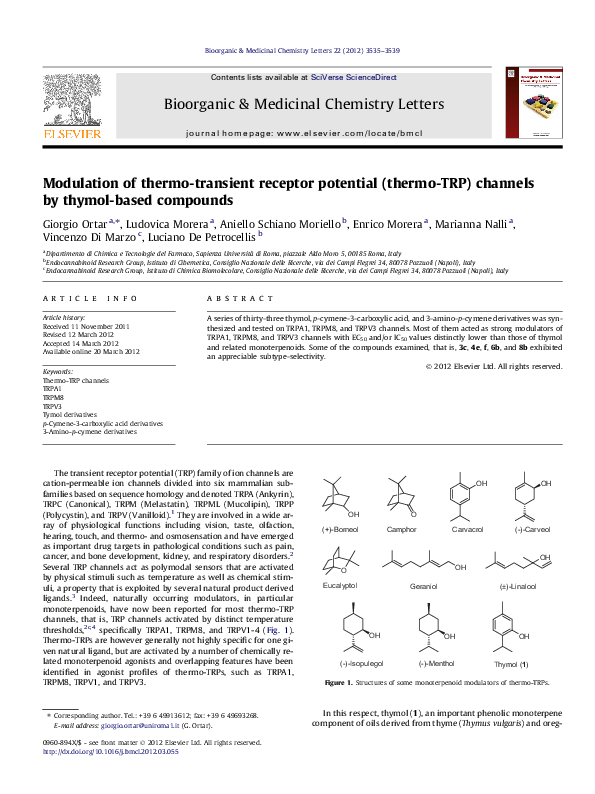 (PDF) Modulation of thermo-transient receptor potential (thermo-TRP) channels by thymol-based ...