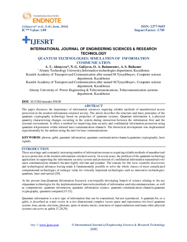 Pdf Quantum Technologies Simulation Of Information Communication Ijesrt Journal