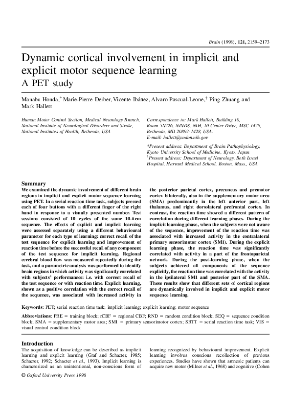 (PDF) Dynamic cortical involvement in implicit and explicit motor sequence learning. A PET study