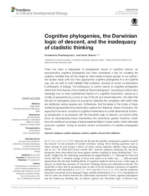 (PDF) Cognitive phylogenies, the Darwinian logic of descent, and the inadequacy of cladistic ...