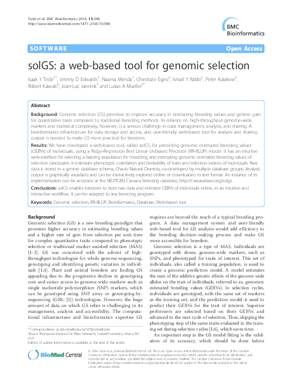 (PDF) solGS: a web-based tool for genomic selection