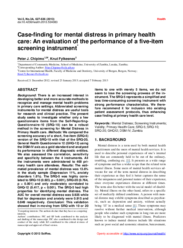 (PDF) Case-finding for mental distress in primary health care: An ...