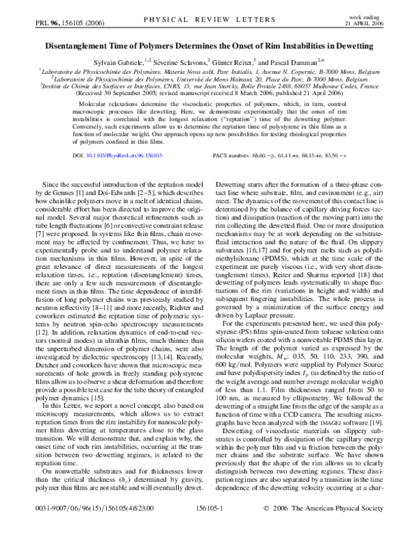 (PDF) Disentanglement Time of Polymers Determines the Onset of Rim ...