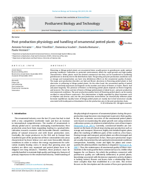 (PDF) Post-production physiology and handling of ornamental potted plants