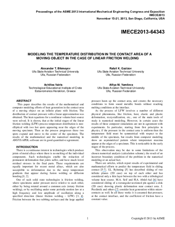 Pdf Modeling The Temperature Distribution In The Contact Area Of A Moving Object In The Case