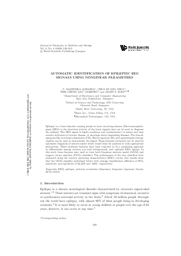 Pdf Automatic Identification Of Epileptic Eeg Signals Using Nonlinear Parameters