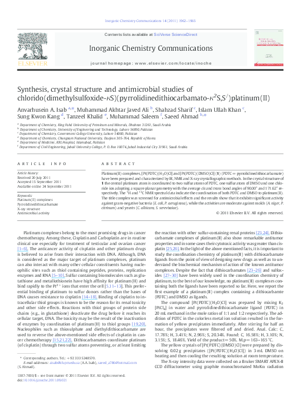 (PDF) Synthesis, crystal structure and antimicrobial studies of chlorido(dimethylsulfoxide- κS ...