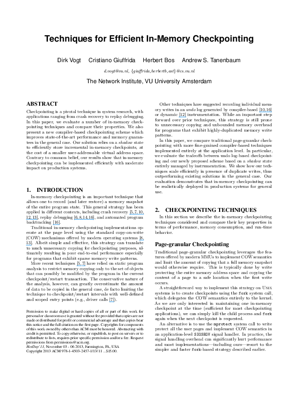 (PDF) Techniques for efficient in-memory checkpointing