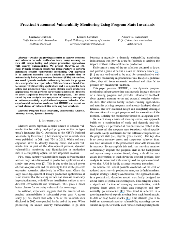 Practical Automated Vulnerability Monitoring Using Program State Invariants