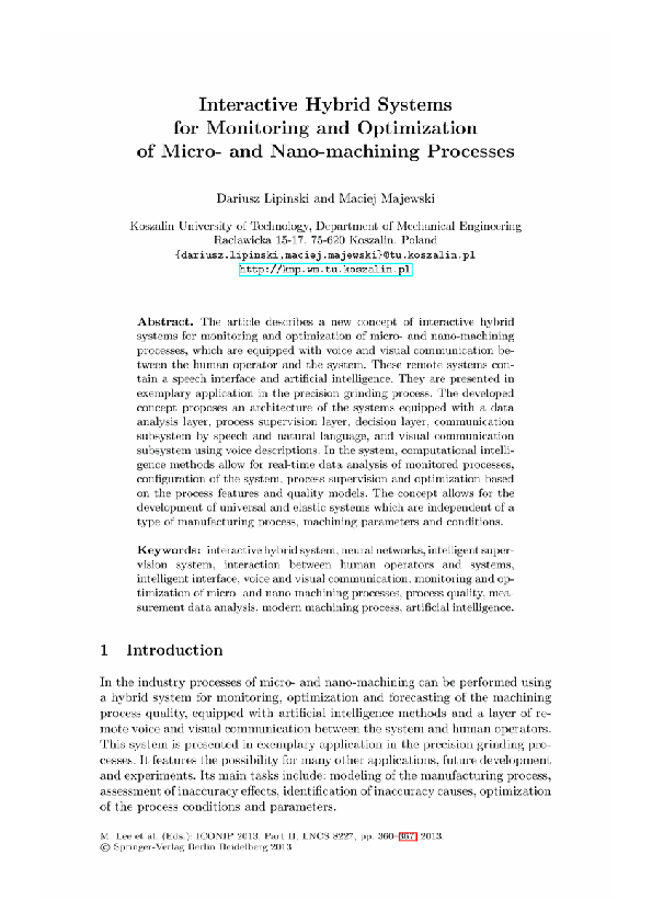 Pdf Interactive Hybrid Systems For Monitoring And Optimization Of Micro And Nano Machining
