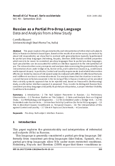 (PDF) Russian as a Partial Pro-Drop Language Data and Analysis from a ...