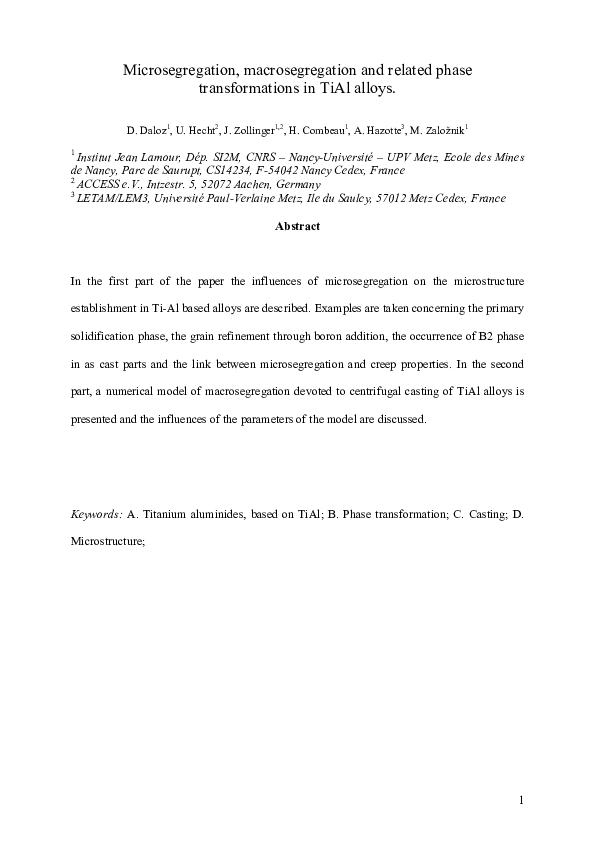 (PDF) Microsegregation, macrosegregation and related phase transformations in TiAl alloys