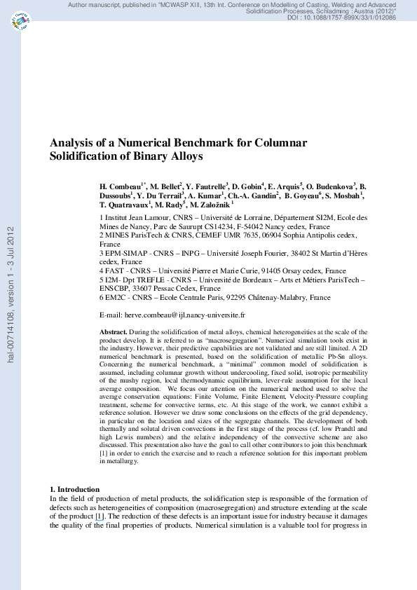 Pdf Analysis Of A Numerical Benchmark For Columnar Solidification Of Binary Alloys