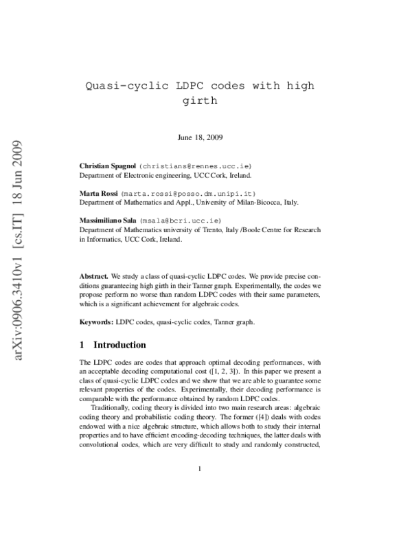 Pdf Quasi Cyclic Ldpc Codes With High Girth Christian Spagnol