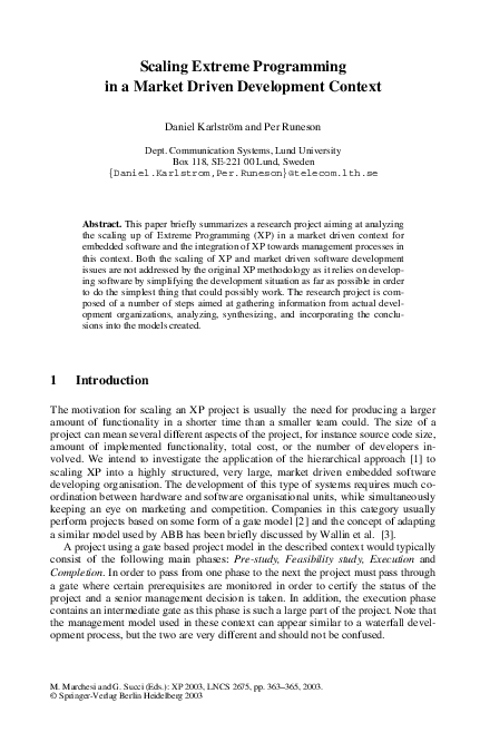 (PDF) Scaling Extreme Programming in a Market Driven Development Context