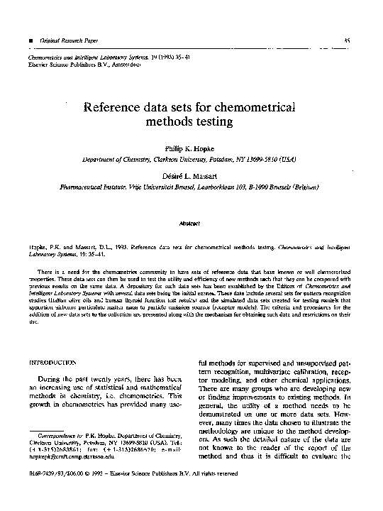 (PDF) Reference data sets for chemometrical methods testing