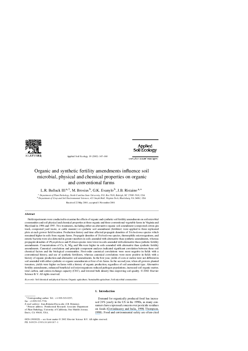 (PDF) Long-term effects of organic and synthetic soil fertility amendments on soil microbial ...