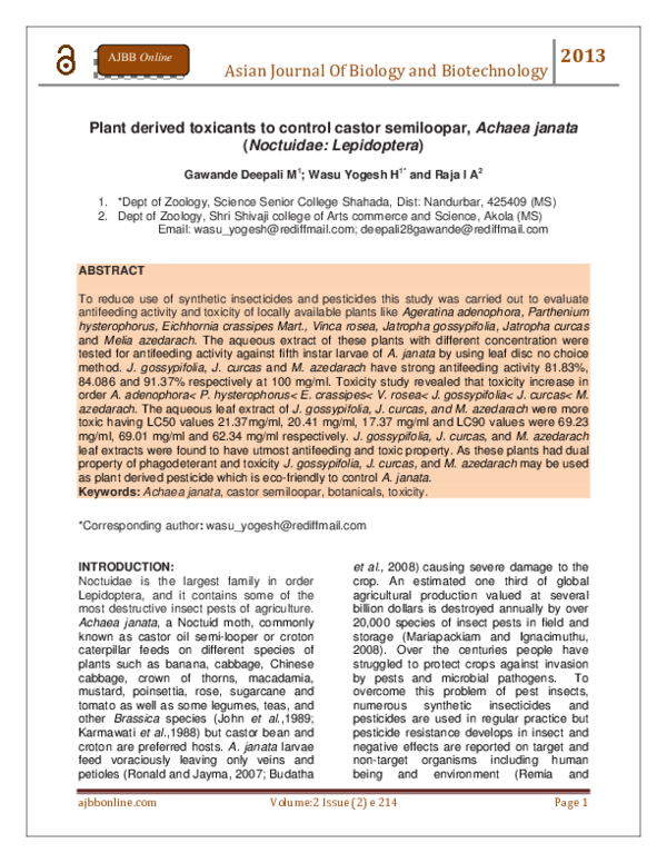 (PDF) Plant derived toxicants to control castor semiloopar, Achaea ...