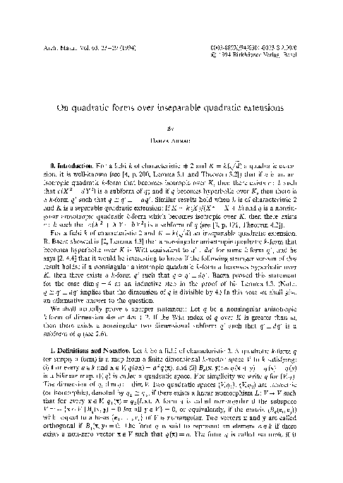 (PDF) On quadratic forms over inseparable quadratic extensions