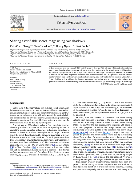 (PDF) Sharing a verifiable secret image using two shadows