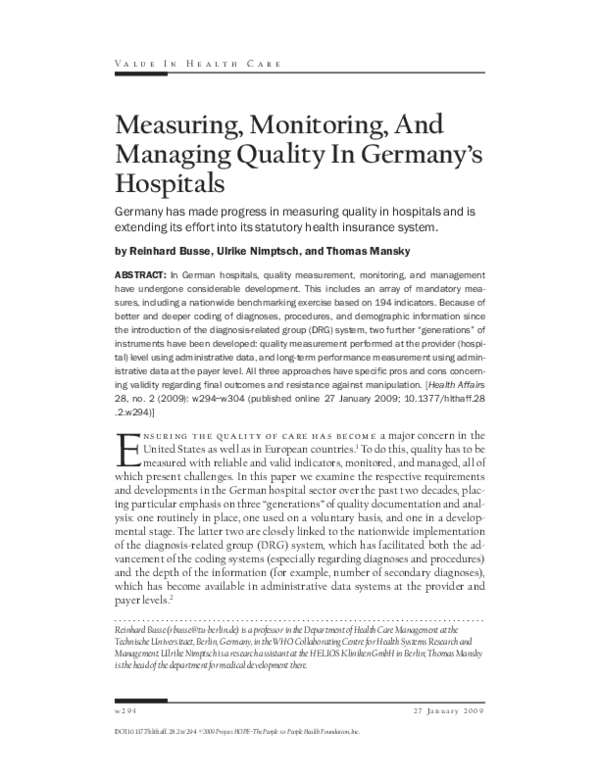 (PDF) Measuring, Monitoring, And Managing Quality In Germany's Hospitals